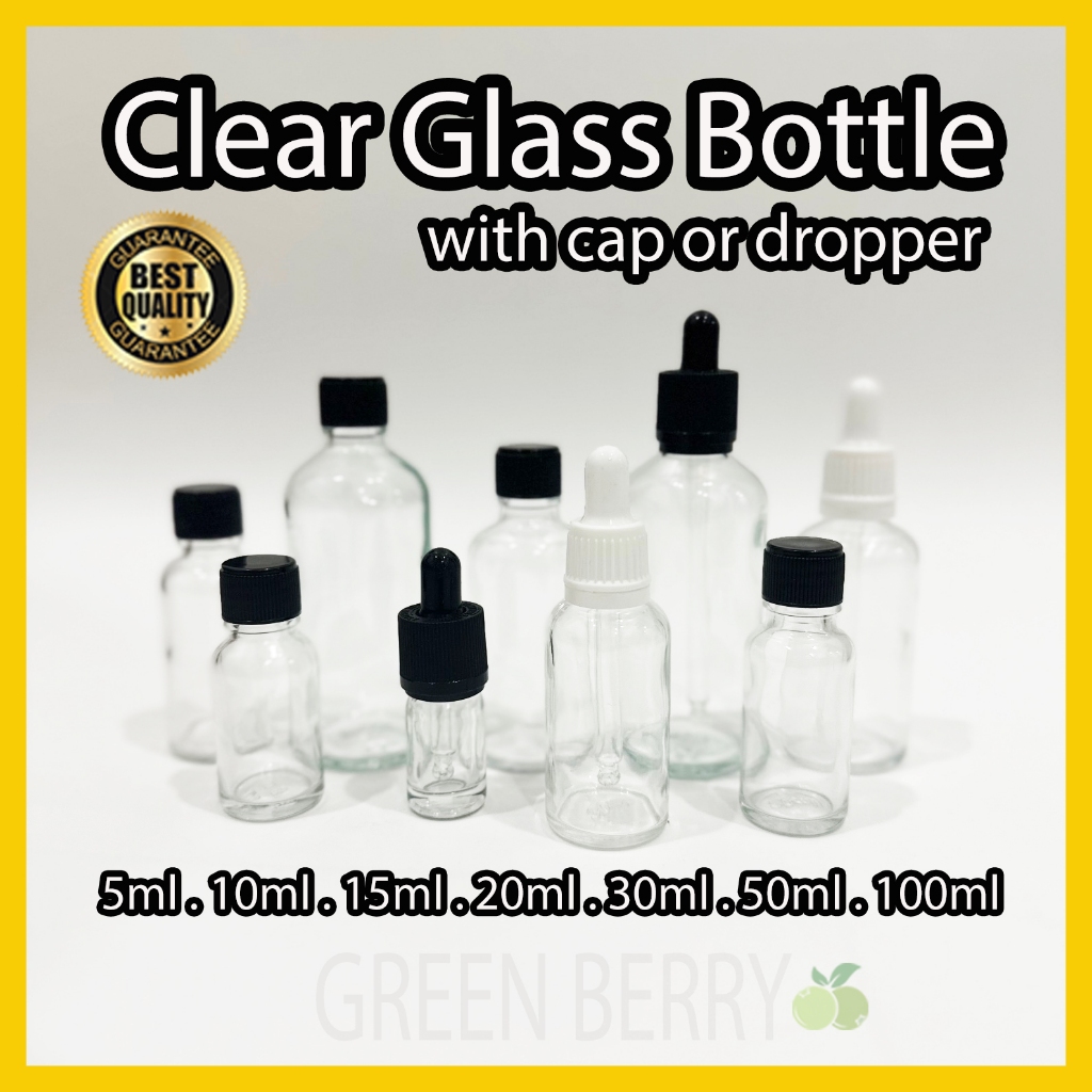 Transparent Clear Glass Bottle with Black Cap Insert Dropper 5ml 10ml ...