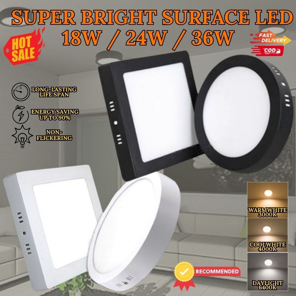 Lampu Siling LED Surface Downlight Bulat Petak Plastic 18W 24W 36W ...