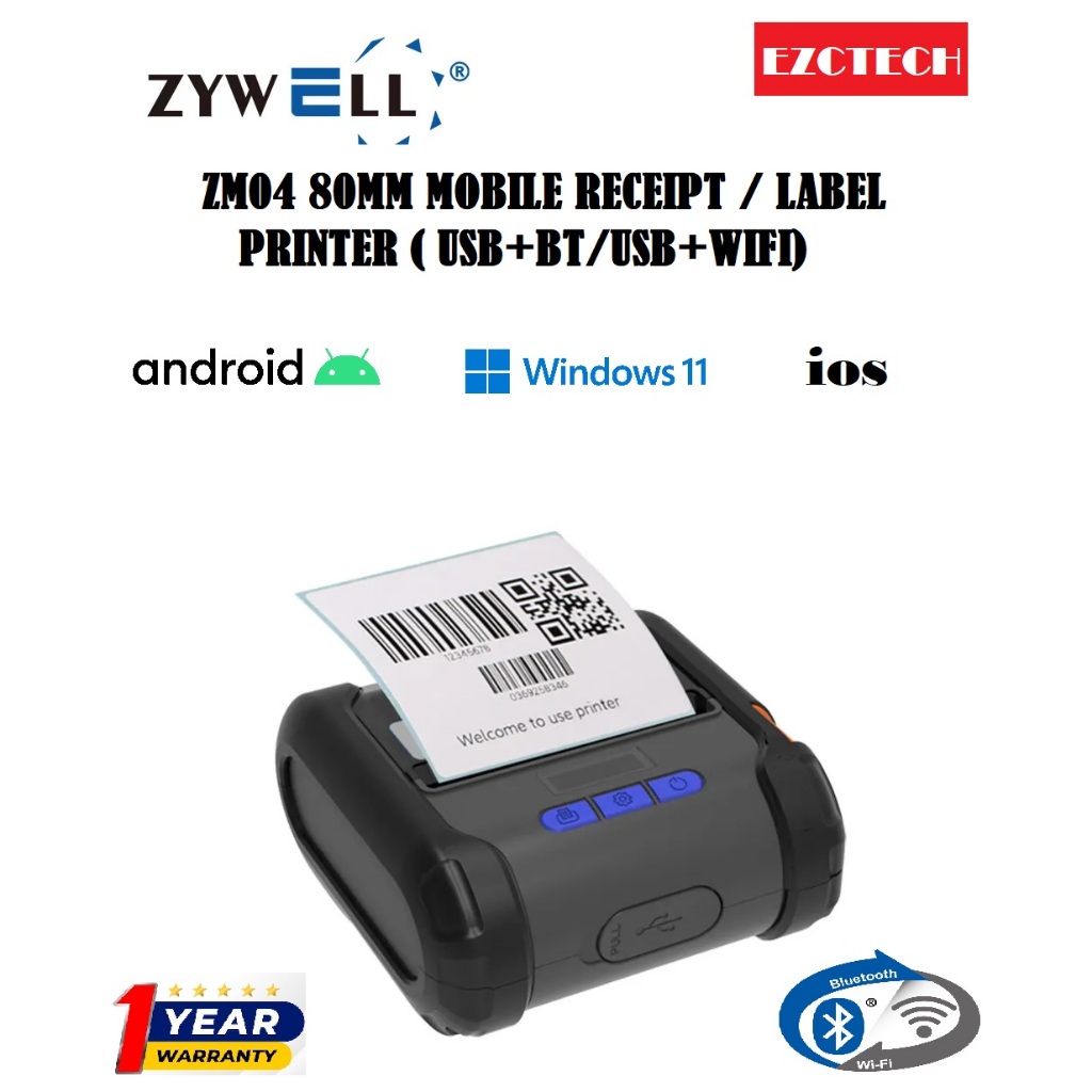 Zywell ZM04 – Pencetak Mudah Alih 2-dalam-1 (USB + Bluetooth) untuk Resit & Label | Shopee Malaysia