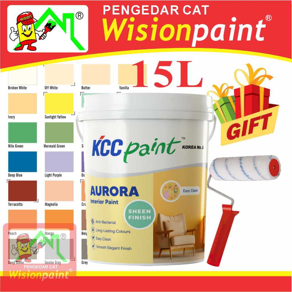15 LITER / 15L KCC PAINT ( AURORA SHEEN ) INTERIOR WALL PAINT CAT DALAM RUMAH ( FREE 7" ROLLER ...