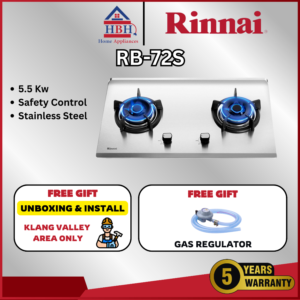 (FREE INSTALL) Rinnai RB-72S | 2-Hyper Burner Built-in Gas Hob Stainless Steel | 5.5kW Gas Input ...