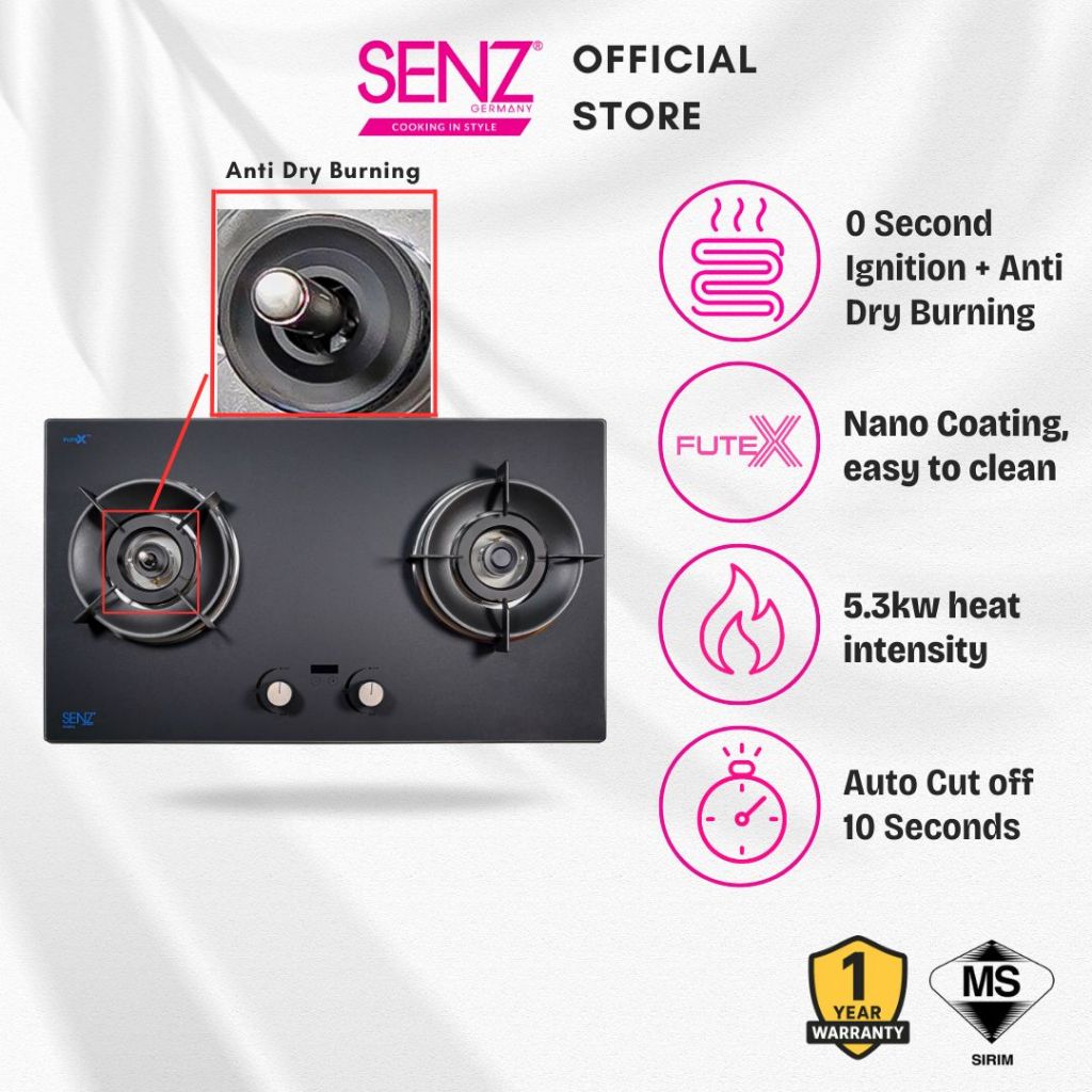 SENZ Crystal Anti-Dry Burning Technology Twin Burner Gas Stove SZ ...