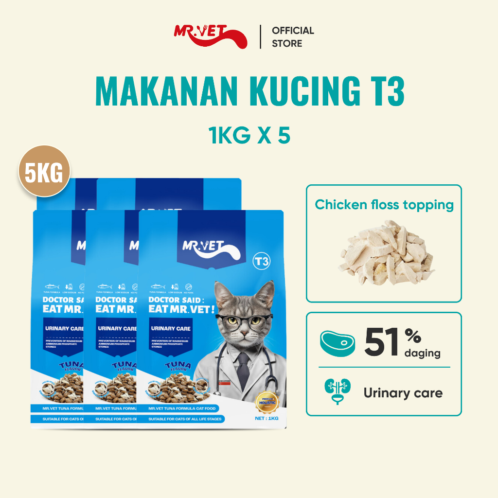 MRVET T3 Cat Food Combo 5 Packs 1KG Urinary Care, Formula 4 Jenis Ikan ...