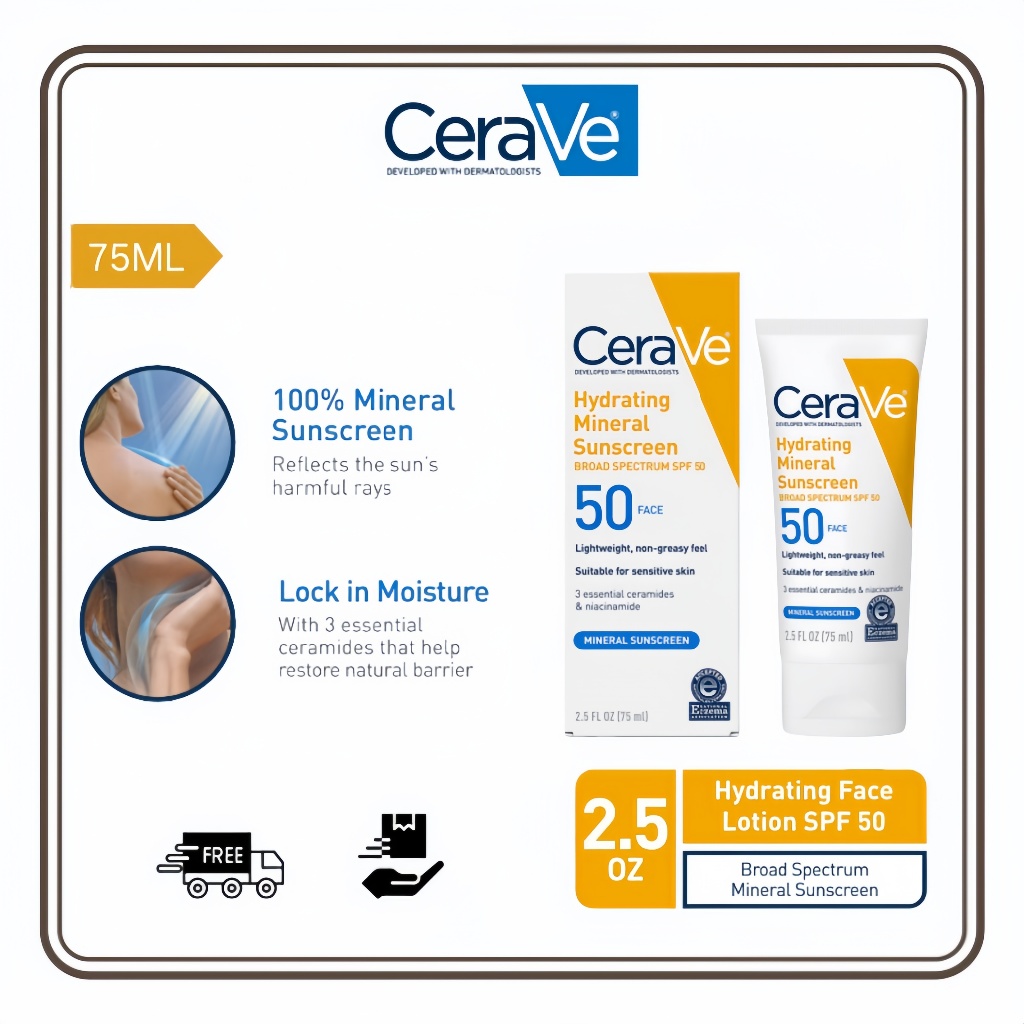 CeraVe Hydrating Mineral Sunscreen SPF 50 Face Sensitive Skin Sunblock ...