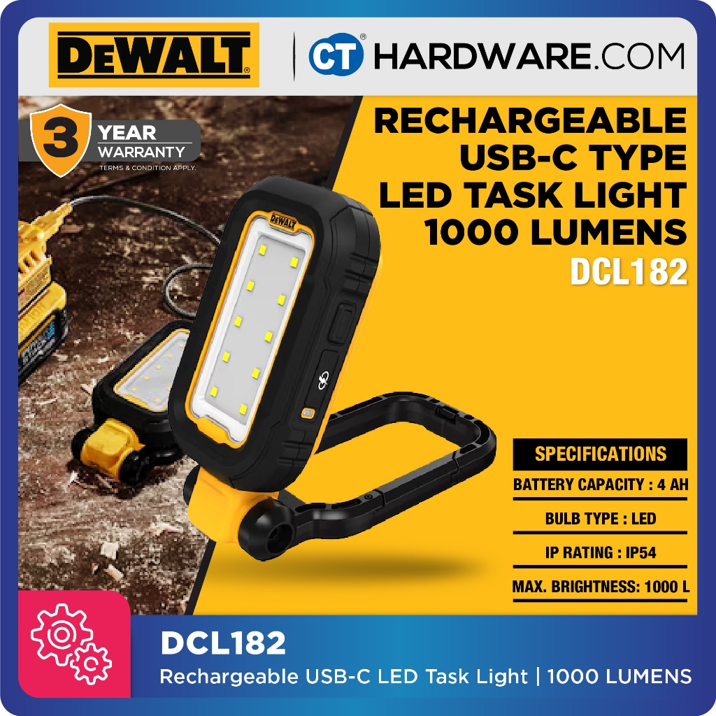 DEWALT DCL182 RECHARGEABLE USB-C TYPE LED TASK LIGHT | 1000 LUMENS ...