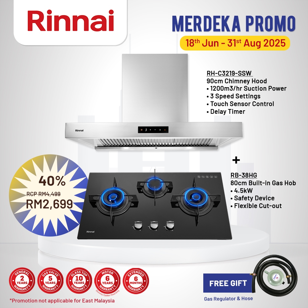 Rinnai Cooker Hood (90cm) RH-C3219-SSW + Built-in Gas Hob (80cm) RB ...