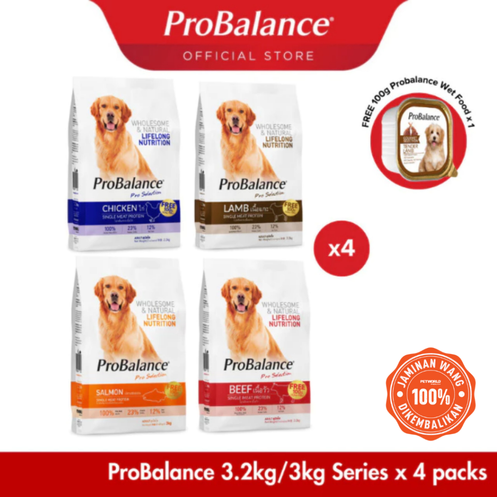 [FOC x100g] ProBalance Adult Dry Dog Food - Salmon (3KG)/Chicken/Beef/Lamb (3.2KG) x4 Units ...