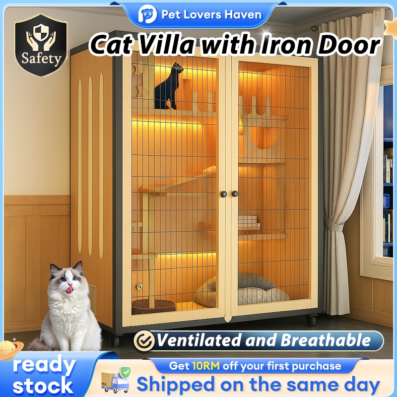 Sangkar Kucing Cat Villa Rumah Kucing Outdoor Waterproof Rustproof Iron Mesh Solid Wood Cat ...