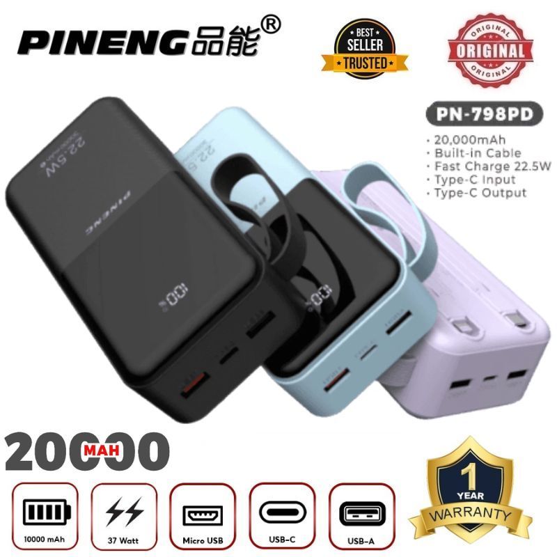 Pineng Powerbank With Built In Cable 20000mAh Slim Portable Fast ...