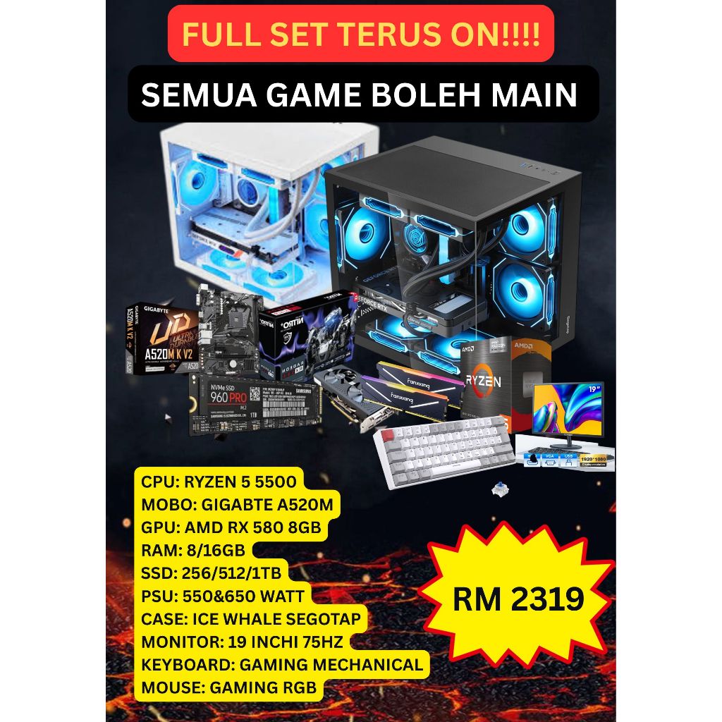 PC GAMING FULL SET HARGA BEBRALOI RYZEN 5 5500 PAIR RX 580 8GB | Shopee ...