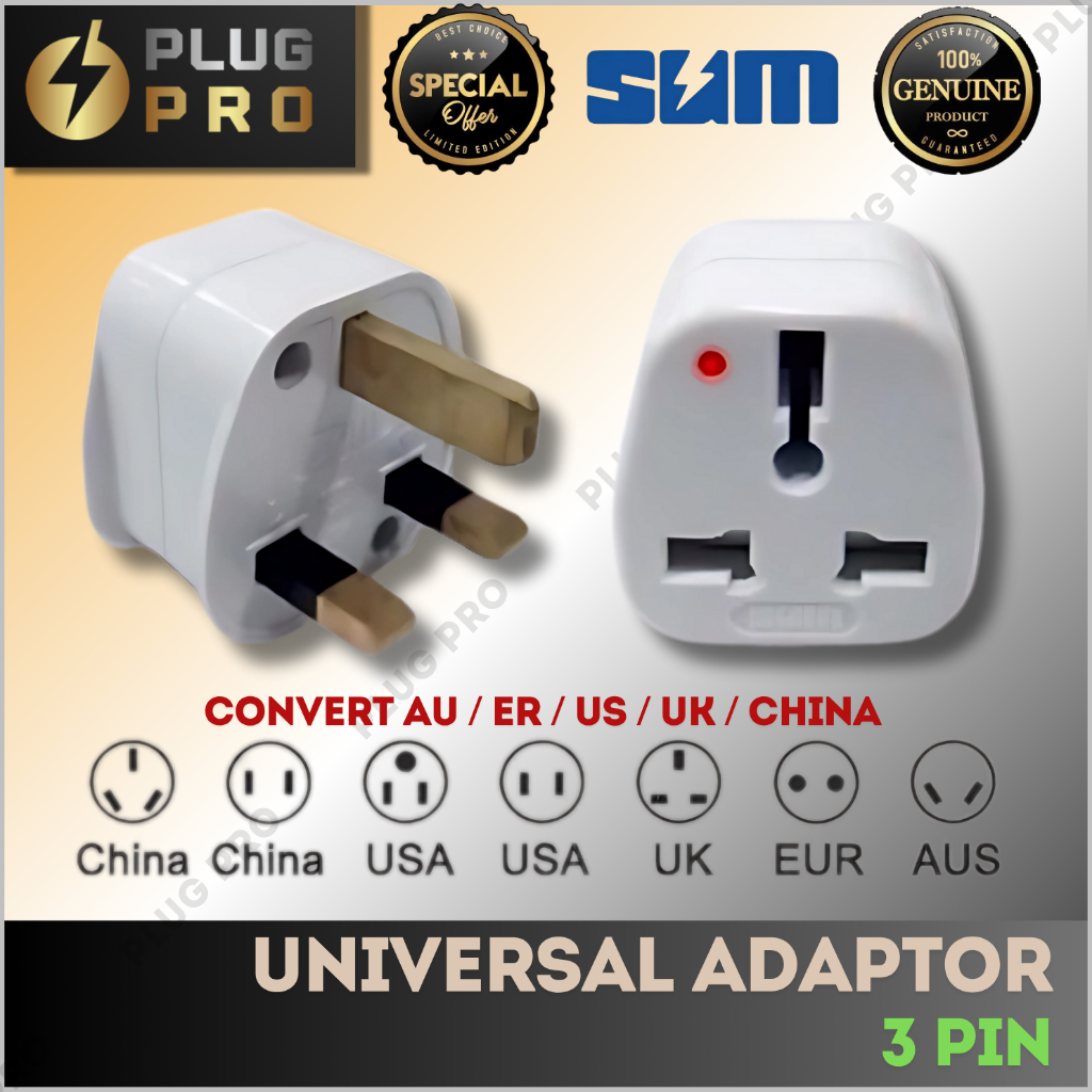 SUM MALAYSIA [𝟯-𝗣𝗶𝗻] TRAVEL ADAPTOR WITH NEON LIGHT INDICATOR (8106N ...