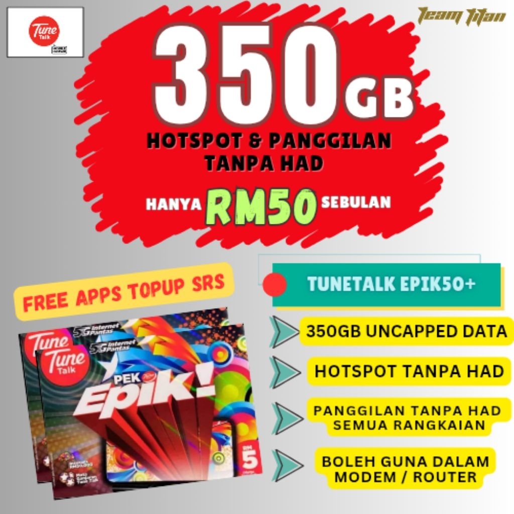 Simkad TuneTalk Prepaid5G Epik 50+ @ 350GB Data & Hotspot | Shopee Malaysia
