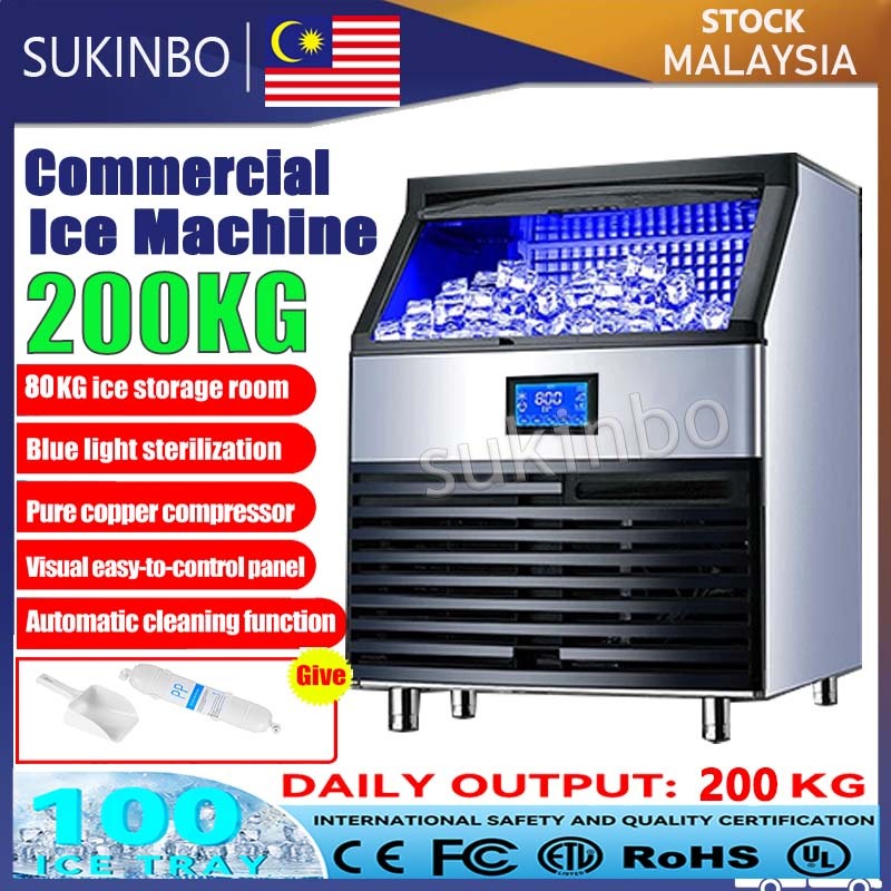 SUKINBO 200KG Commercial Ice Maker Machine Large Ice Cube Making Mesin ...