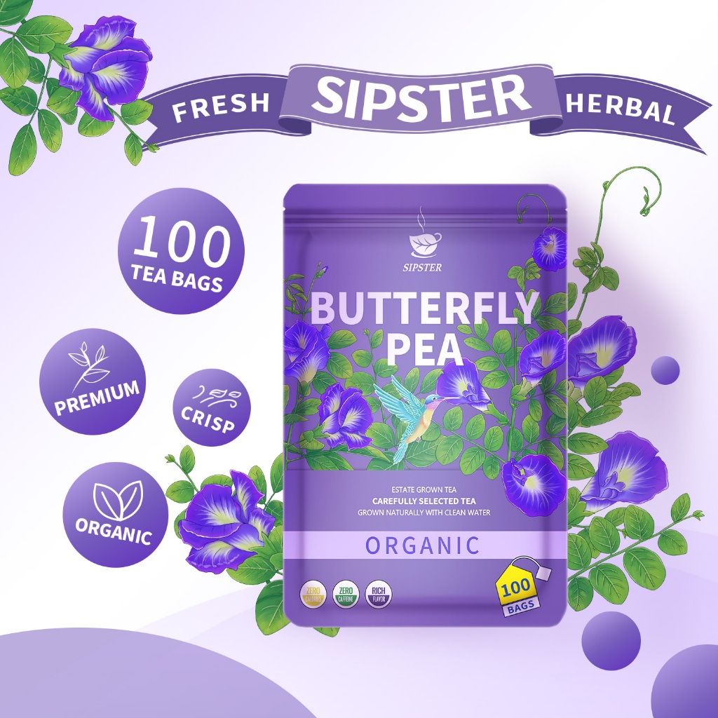 Sipster Butterfly Pea Tea 100 Tea Bags | Organic Herbal Tea | Eco ...