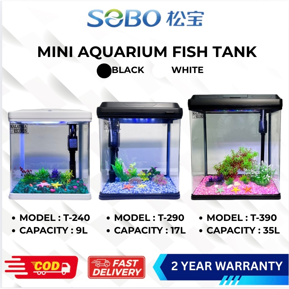 SOBO Mini Fish Tank 9L/17L/35L Aquarium Set With Filter Pump and LED ...
