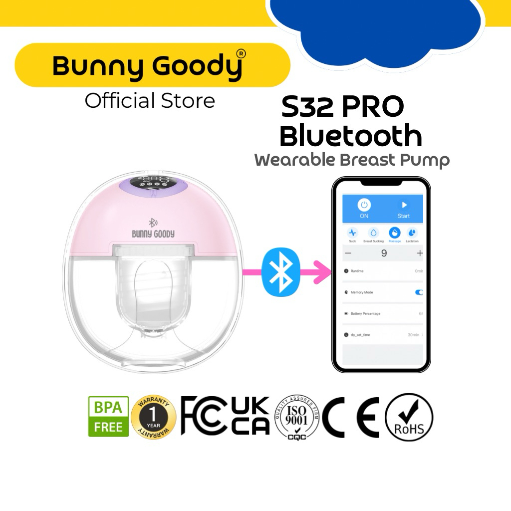 Bunny Goody Bluetooth S32 Pro Smart Wearable Breast Pump with Phone Apps Control - Pink (180ml ...
