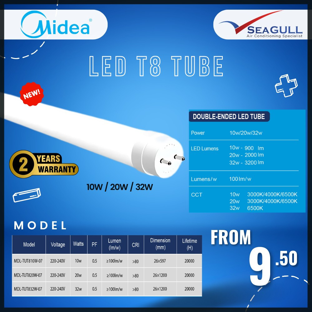MIDEA DOUBLE-ENDED LED T8 TUBE LIGHT 10W/20W/32W (2 YEARS WARRANTY) | Shopee Malaysia