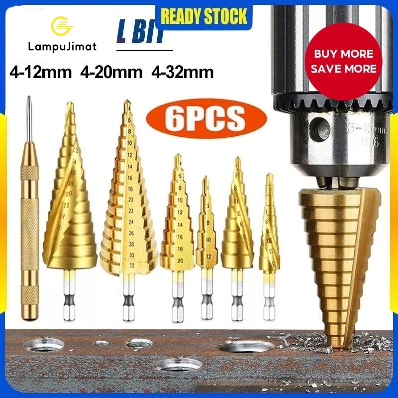 6-piece set High-Speed Steel Step Drill Bit Titanium Coating Steel ...
