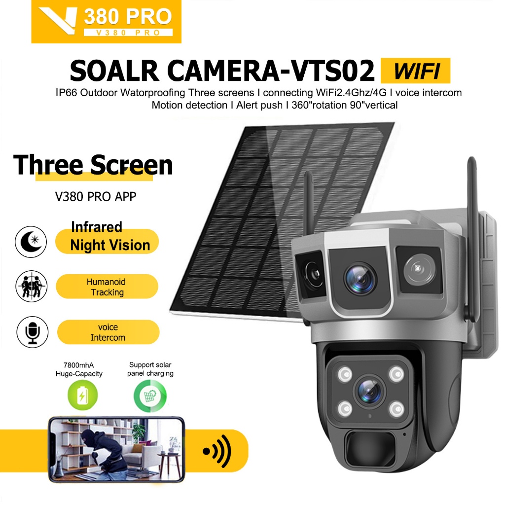 V380 Pro Three Screen CCTV Solar Outdoor Wireless Camera IP66 ...