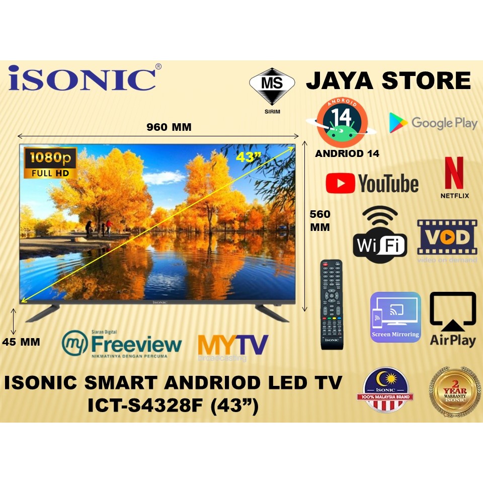 Isonic 43" Frameless Smart Andriod Full Hd Led Tv ICT-S4328F (Foc Hdmi ...