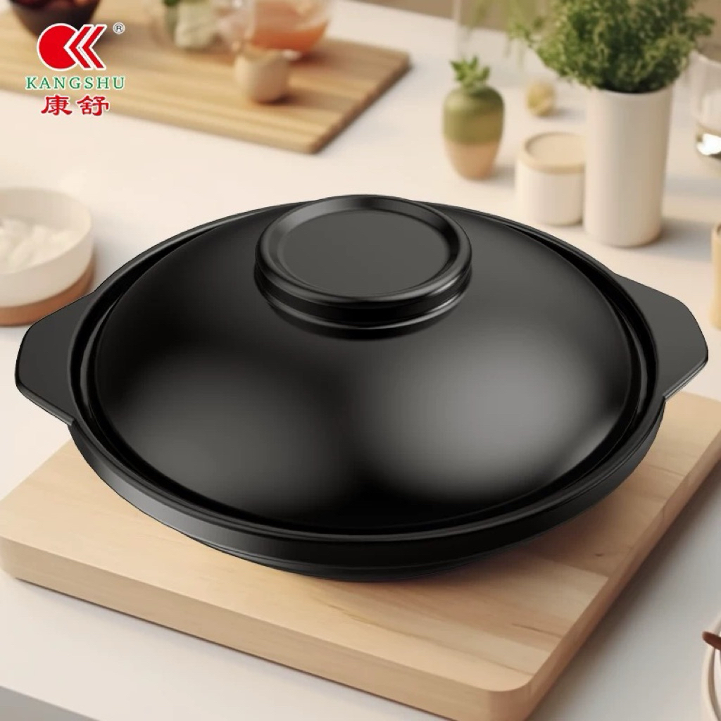 KANGSHU Black Ceramic Clay Pot Shallow Flat Bottom Pan High Temperature ...