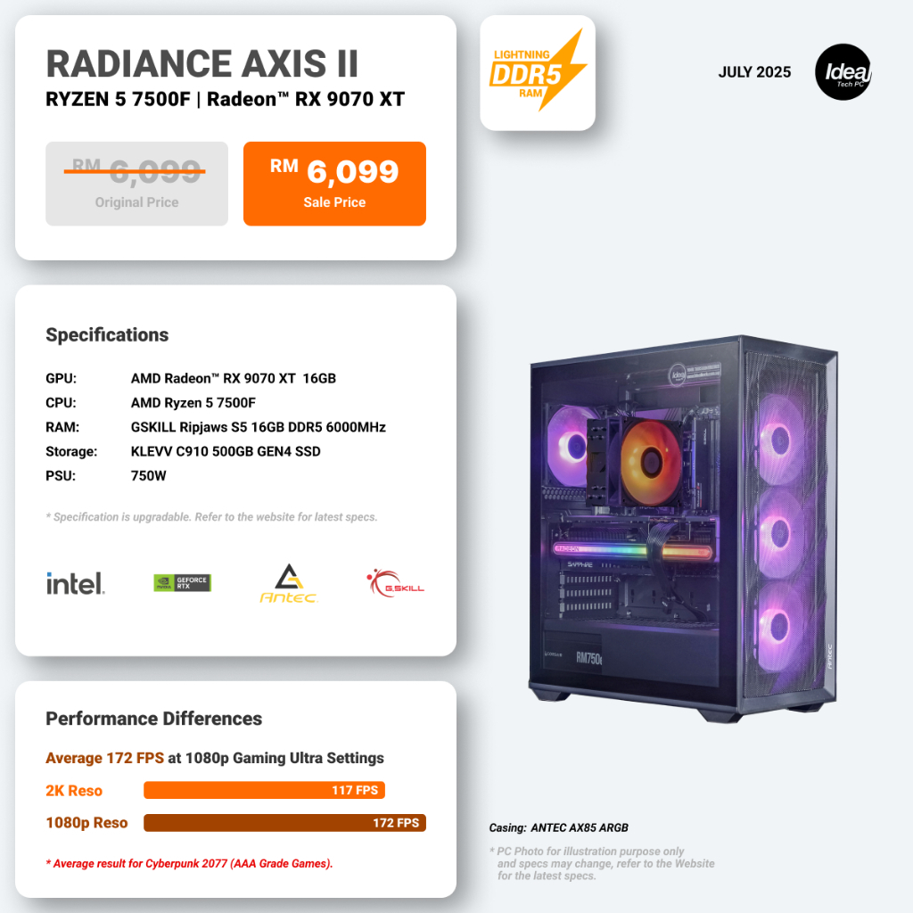 IDEALTECH RADIANCE AXIS II AMD PC PACKAGE ( RZYEN 5 / AMD RX 9070 XT 16GB / 16GB RAM / 500GB SSD ...