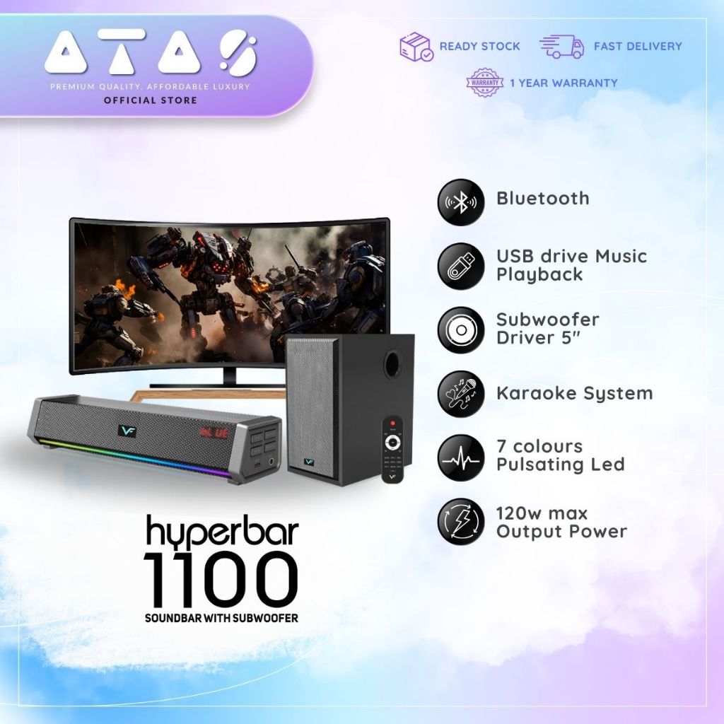 Vinnfier VF Hyperbar 1100 Bluetooth Gaming Soundbar Subwoofer Bass ...