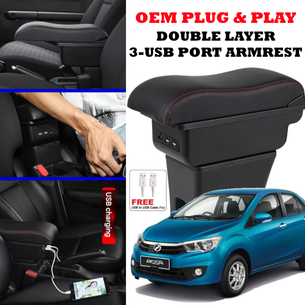 Perodua BEZZA ArmRest Console Box Storage 3 USB Port Double Layer ...