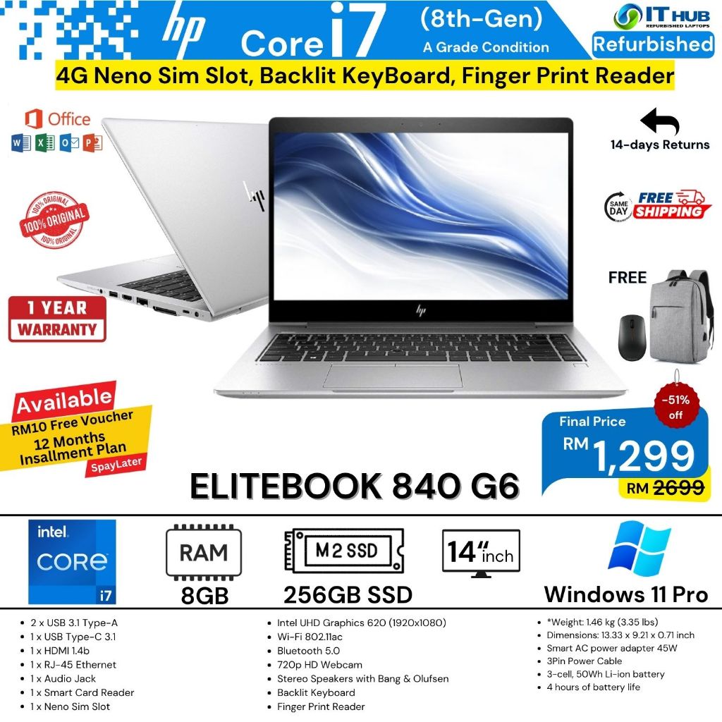 HP Elitebook 840 G6 Intel Core i7, 14" UHD Graphic, Windows11Pro ...