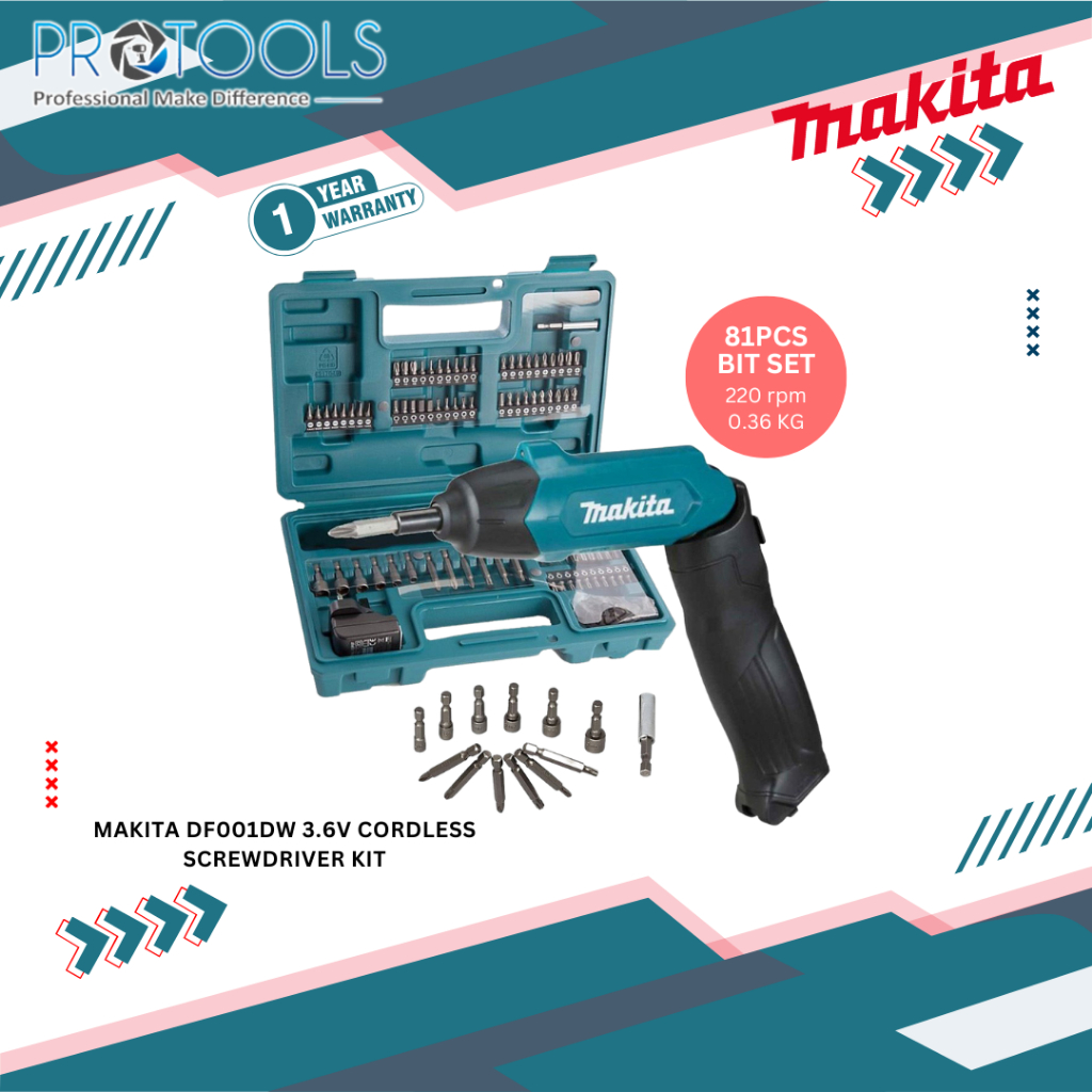 MAKITA 3.6V DF001DW CORDLESS SCREWDRIVER 1/4" WITH 81PCS ACCESSORIES ...