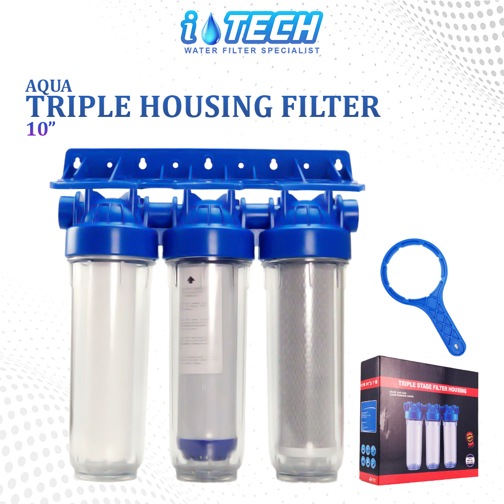 AQUA 10" Triple Housing Filter 3/4" Brass Pipe Thread with PP UDF CTO ...