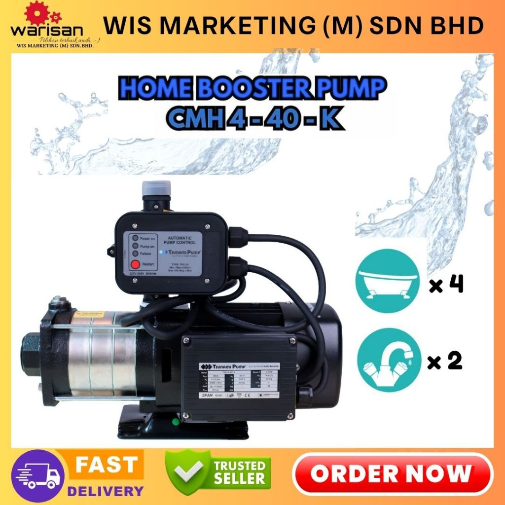 Tsunami CMH4-40K (0.75kW) Water Pump Pam Air Automatic Home Booster 1HP ...
