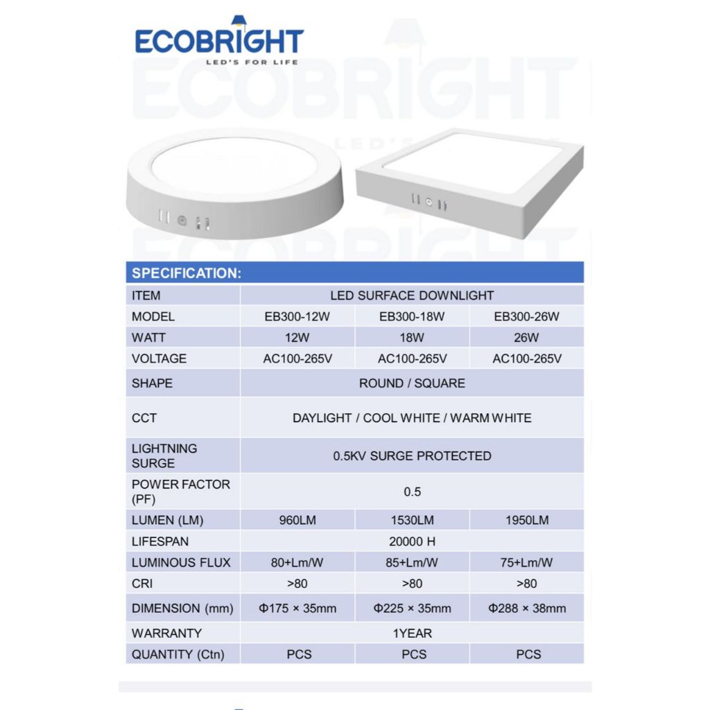 ECOBRIGHT EB300 Square 12W/ 18W/ 26W LED Surface Downlight | Lampu ...