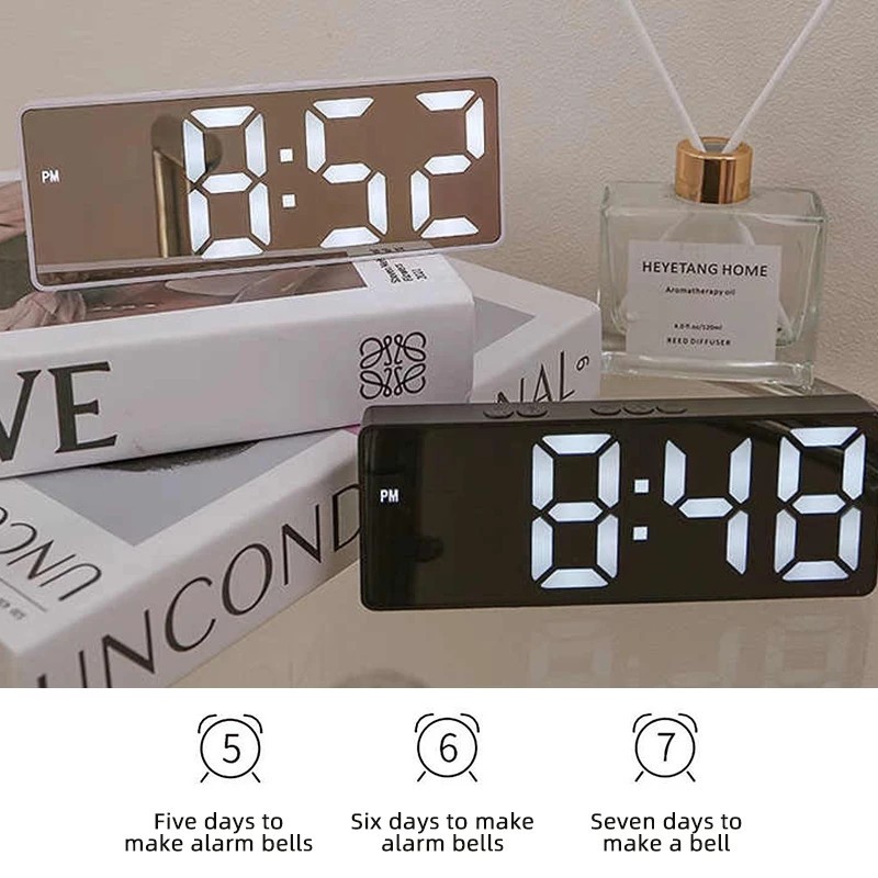 LED Mirror Table Clock Digital Alarm Snooze Display Time Desktop ...
