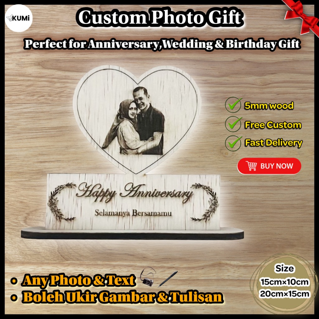 Custom Wooden Photo Engraving Gift | Hadiah Ukiran Gambar Kayu | 15cm x ...