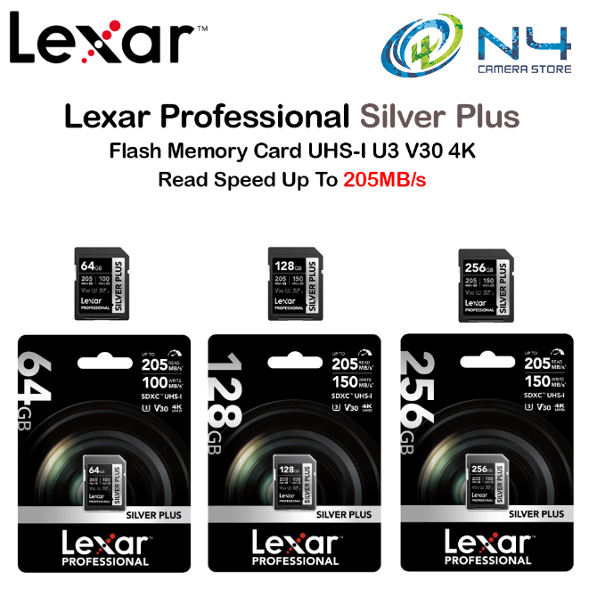 Lexar Silver Plus SD Card 64GB/128GB/256GB Flash Memory Card U3 V30 4K Read Speed Up To 205MB/s ...
