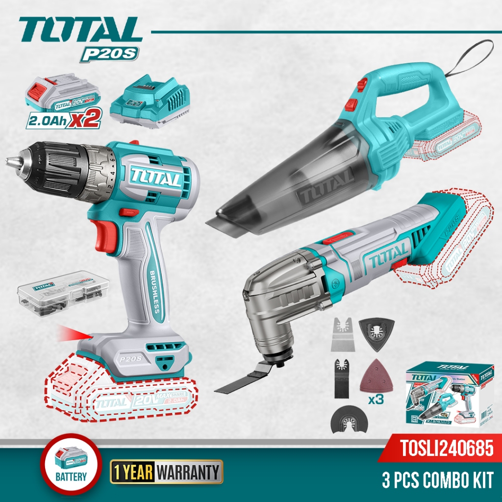 TOTAL Li-ion Combo Kit with Brushless Drill + Multi-Tool + Vacuum ...