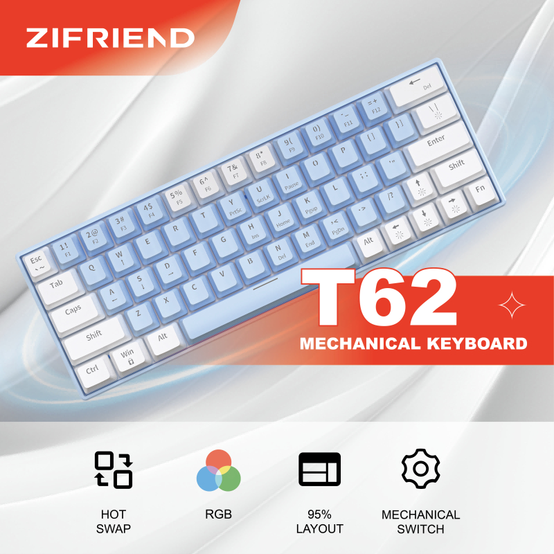 Zifriend T62 Gaming Mechanical Keyboard RGB 60% Layout Pluggable Wired DualColor PBT Keycaps ...