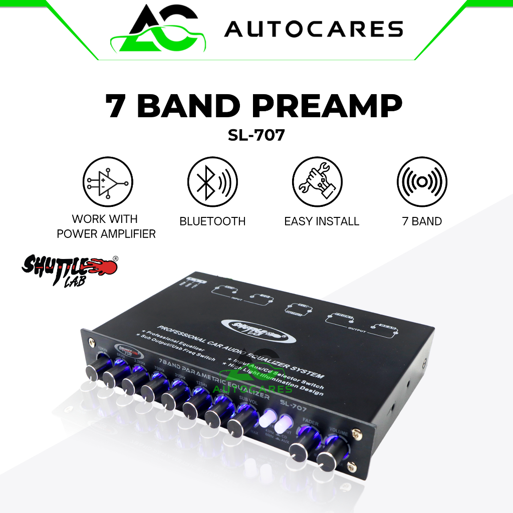 SHUTTLE LAB SL-707 Bluetooth Car PreAmp with Subwoofer Output 7Band PreAmp Equalizer 7Band EQ ...