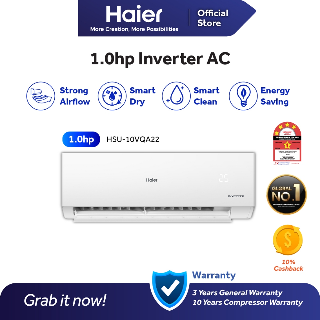 [4 Star] Haier 1.0HP Inverter Air Conditioner / Smart Clean & Dry ...