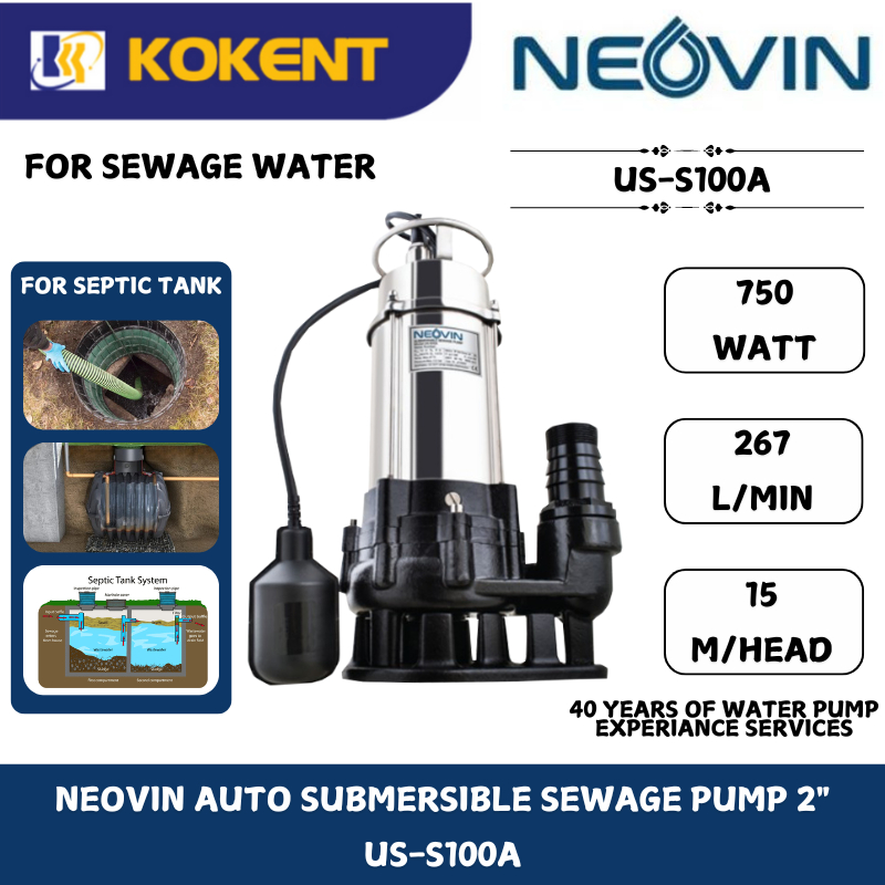 NEOVIN AUTO SUBMERSIBLE SEWAGE PUMP 2" US-S100A (2"X750WX15M/HX267L/M ...