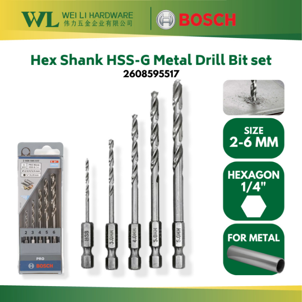 Bosch 5pcs 1/4" Hex Shank HSS-G Metal Drill Bit set / mata drill besi ...