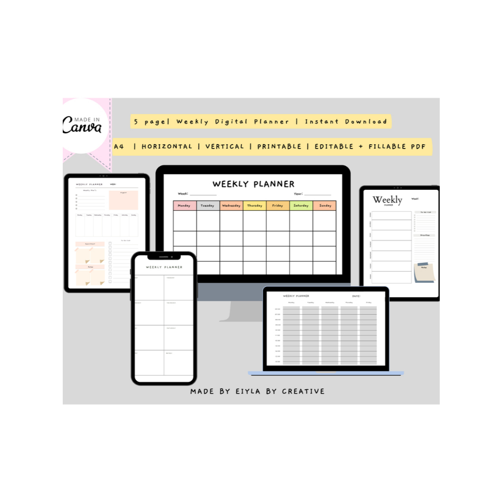 2 pages Horizontal Digital Planner | Undated | Printable | Resusable ...
