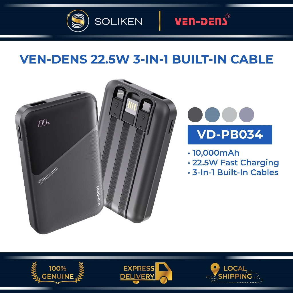 VEN-DENS VD-PB034 Powerbank 10000mAh 22.5W 3IN1 Built-in USB-A, Type-C ...