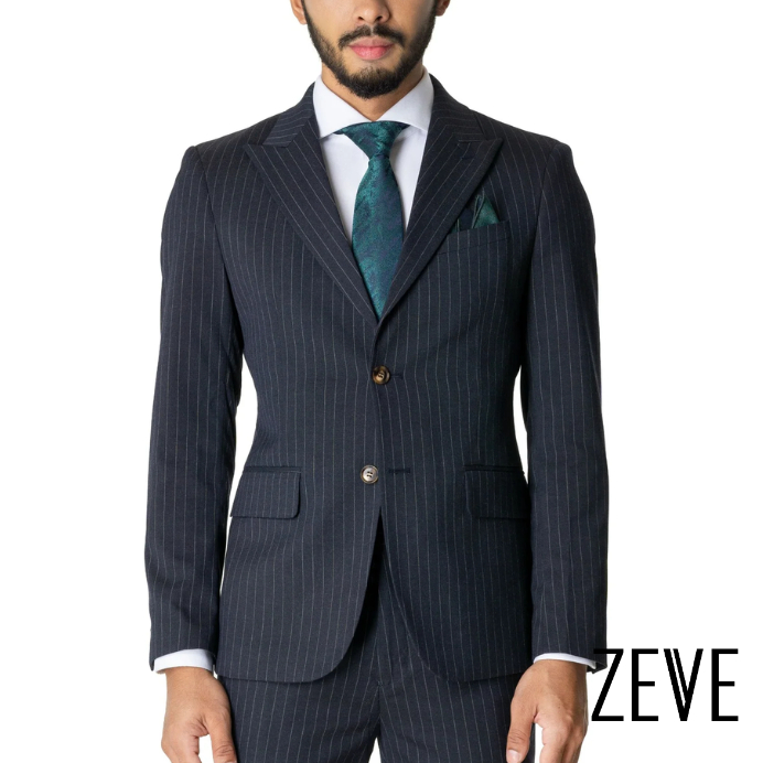 Zeve Single Breasted Suit Blazer - Navy Blue Pinstripes (Peak Lapel ...