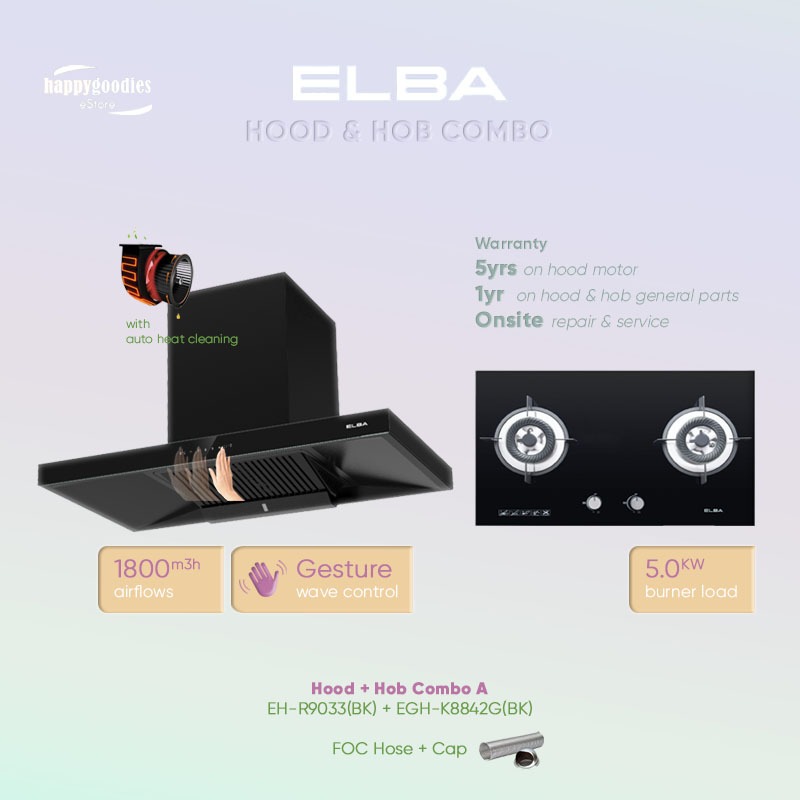 (Combo) Elba Designer Hood T-Hood EH-R9033(BK) with Gas Hob Combo ...
