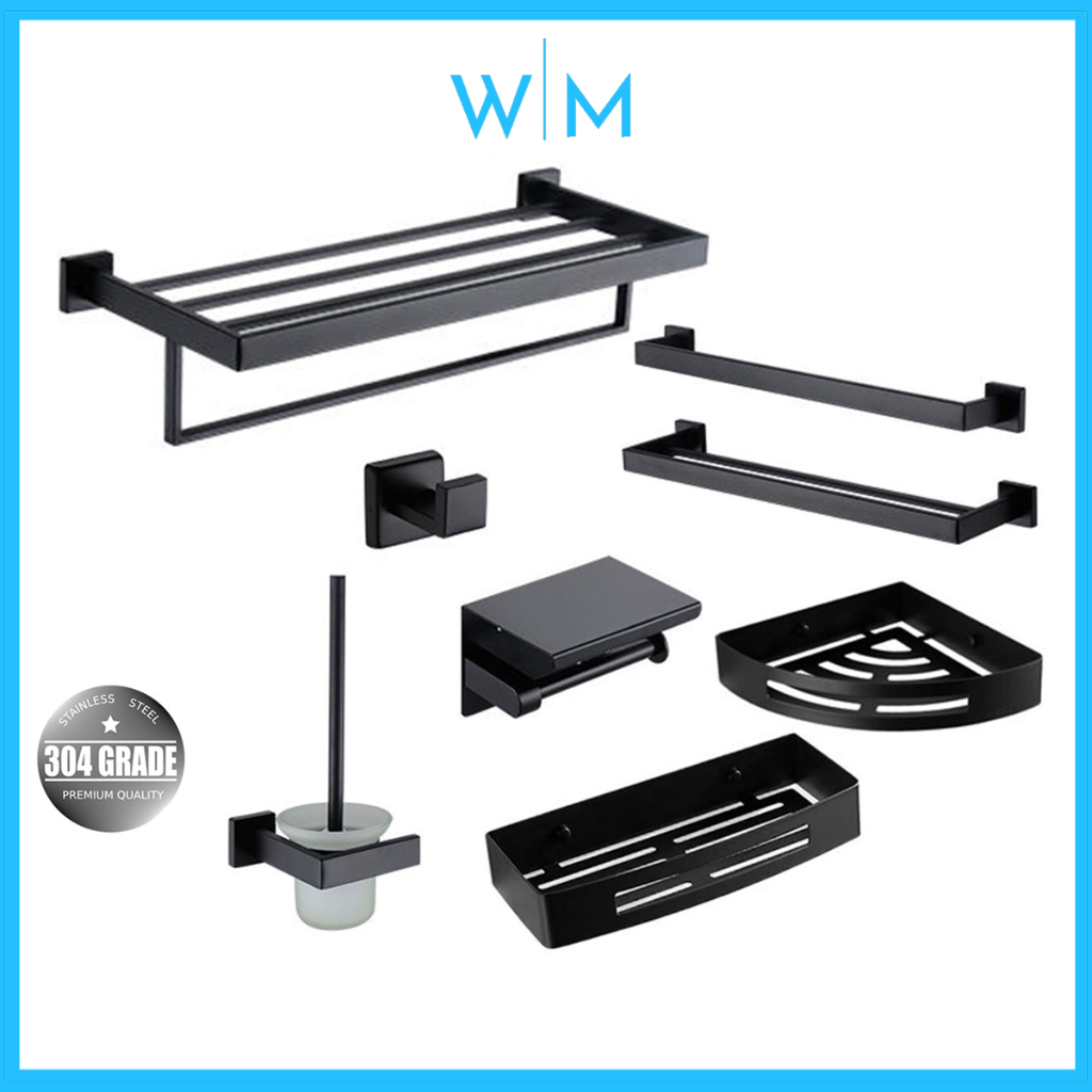 WM 304 Stainless Steel Black Bathroom Accessories Towel Rack Bar Corner ...