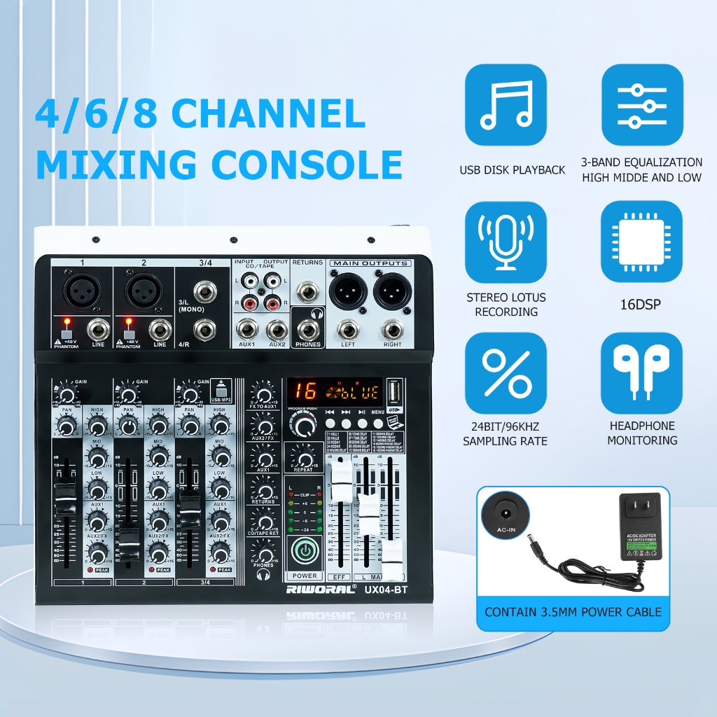 Audio Mixer 4 6 Channel Sound Board 8 Channe Mixer Console 16-Bit DSP ...