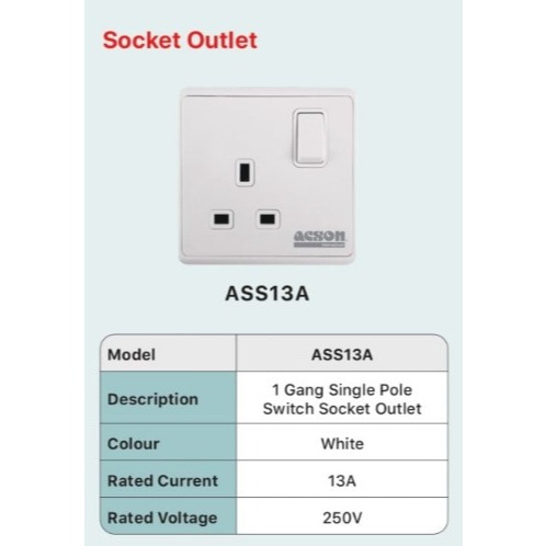 ACSON Easi Socket 13A | 1 Gang Single Pole Switched 13A BS Socket (ORIGINAL) | Shopee Malaysia
