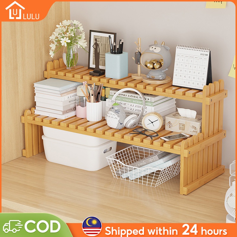 LULU Rak Buku Desk Storage 1/2Layers Bamboo Bookshelf Rak Table ...